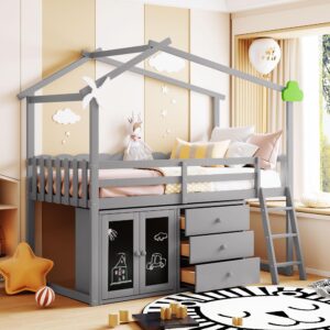 citylight twin size house loft bed with storage cabinet and 3 drawers, wood loft bed twin with roof, blackboards and guardrail, kids playhouse bed twin for teens, boys, girls, grey