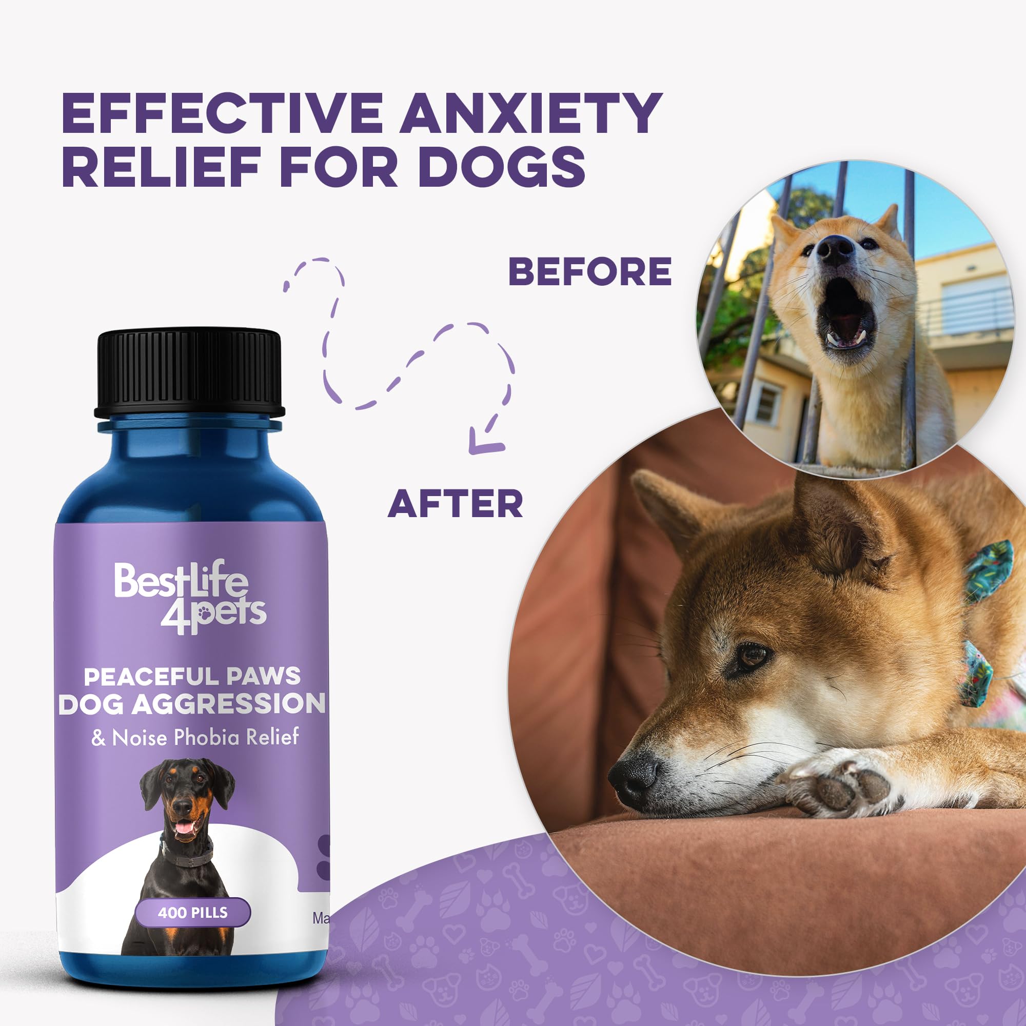 Peaceful Paws Dog Aggression & Noise Phobia Relief - Anxiety Relief for Dogs, Dog Calming Remedy for Biting, Barking, Chasing, Attacking, and Other Dog Behavior Issues - 400 Non-Drowsy, Small Pills