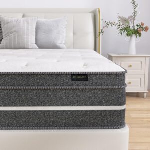 hohamn queen size mattress, 14 inch hybrid mattress in a box, queen mattress foam and individually wrapped pocket coils, soft and breathable, pressure relief, strong edge support, medium firm