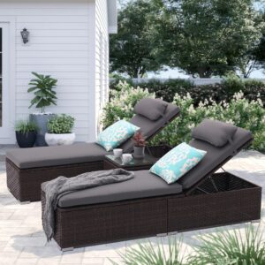 iarthand 3 pcs patio chaise lounge outdoor lounge chair patio reclining chair with coffee table cushion&pillow 5 angle adjustment pe rattan chair for courtyards poolside garden (coffee-d)