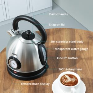 Retro Electric Water Kettle 1.8L Stainless Steel for Boiling Water with Temperature Gauge, Visible Water Level Line, Led Light, Auto Shut-Off & Boil-Dry Protection, 1500W Fast Heating