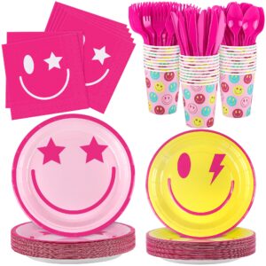 durony 210 pieces preppy smiley face party tableware set paper smile face plates napkins paper cups cutlery for preppy birthday party supplies baby shower decor, serve 30 guest