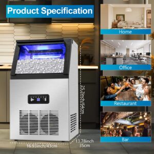 Commercial Ice Maker Machine 130Lbs/24H with 2 Water Inlet Modes, 36Pcs Ice Cubes in 8-15 Mins, Stainless Steel Under Counter/Freestanding Ice Machine with 28Lbs Storage Bin for Home/Shop/Office/Bar