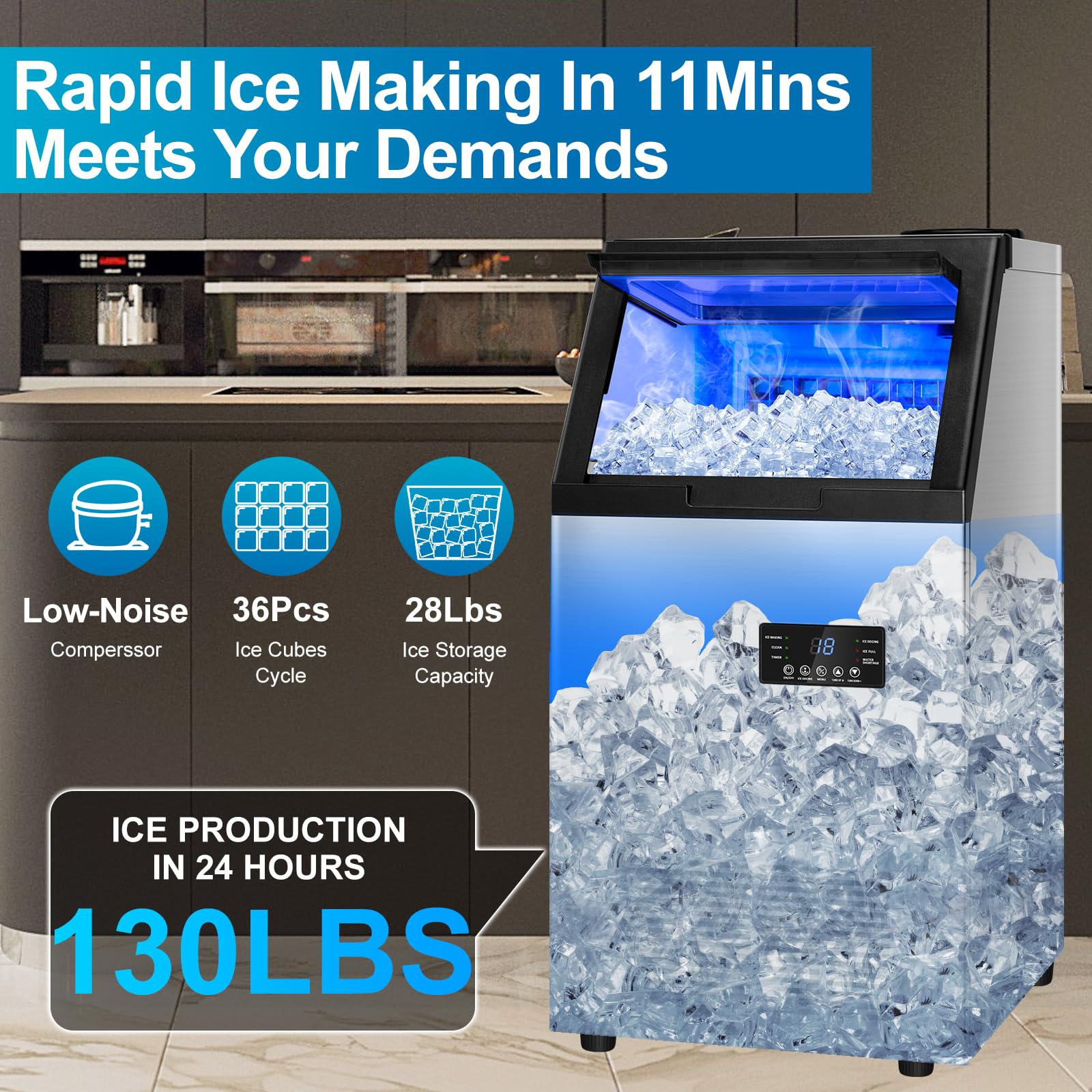 Commercial Ice Maker Machine 130Lbs/24H with 2 Water Inlet Modes, 36Pcs Ice Cubes in 8-15 Mins, Stainless Steel Under Counter/Freestanding Ice Machine with 28Lbs Storage Bin for Home/Shop/Office/Bar