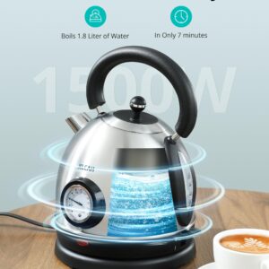 Retro Electric Water Kettle 1.8L Stainless Steel for Boiling Water with Temperature Gauge, Visible Water Level Line, Led Light, Auto Shut-Off & Boil-Dry Protection, 1500W Fast Heating