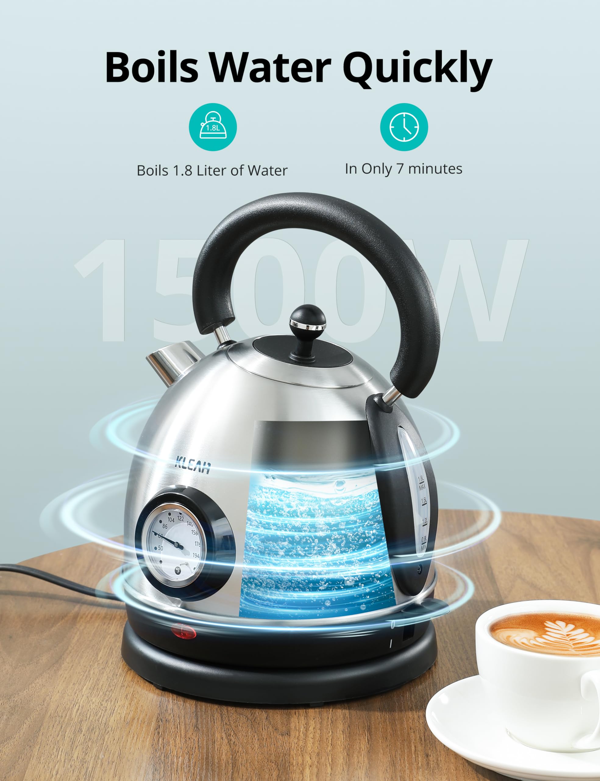 Retro Electric Water Kettle 1.8L Stainless Steel for Boiling Water with Temperature Gauge, Visible Water Level Line, Led Light, Auto Shut-Off & Boil-Dry Protection, 1500W Fast Heating