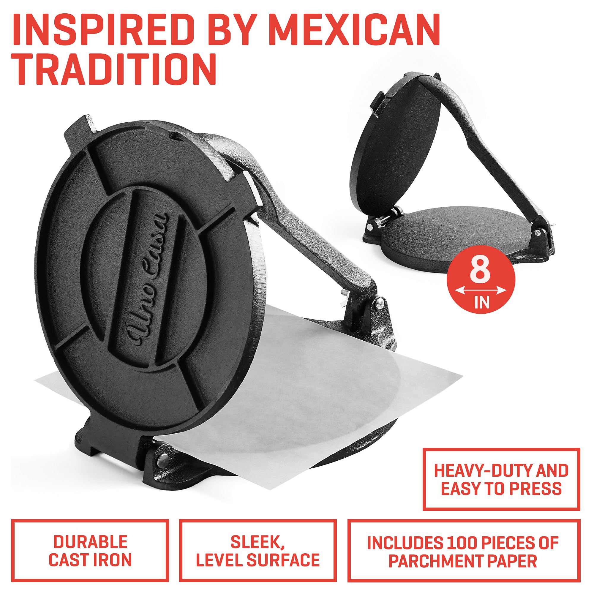 Uno Casa Tortilla Master Kit - Tortilla Press 8 Inch with Comal Pan, 4 Taco Holders and Tortilla Warmer, Unique Gift for Friends or Family, Taco Tuesday Kit