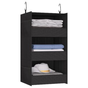 bosuelife 3-shelf hanging closet organizer and storage with front lip and side pocket wider version 3-tier hanging closet shelves, 29¾"h x 13.5" w x 11.5" d, black