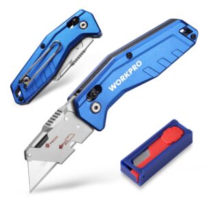 workpro premium axis lock utility knife folding, heavy duty metal box cutter with quick open lock, quick change blade razor knife, foldable pocket knife with belt clip