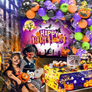 Halloween Birthday Party Decorations, Halloween Themed Birthday Party Decorations with Purple Orange Balloons Garland Happy Birthday Backdrop Tablecloth Spider Web for Halloween Boo Day Decorations