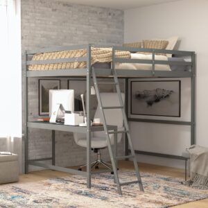 bizchair loft bed frame with desk - light gray wood slats - full size - protective guard rails & ladder - kids and teens - space saving design