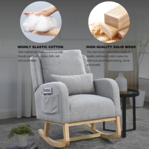 Rocking Chair Nursery with Pillow, Nursery Rocking Chairs in Teddy Fabric with Wingback & Armrest, Built-in 2 Side Pockets, Comfy Nursery Glider Nursing Chair Armchair for Living Room, Bedroom, Grey