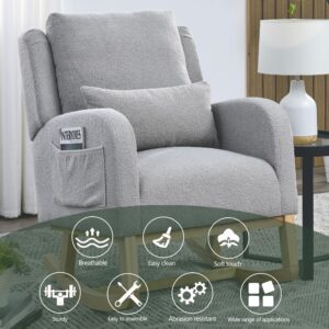 Rocking Chair Nursery with Pillow, Nursery Rocking Chairs in Teddy Fabric with Wingback & Armrest, Built-in 2 Side Pockets, Comfy Nursery Glider Nursing Chair Armchair for Living Room, Bedroom, Grey