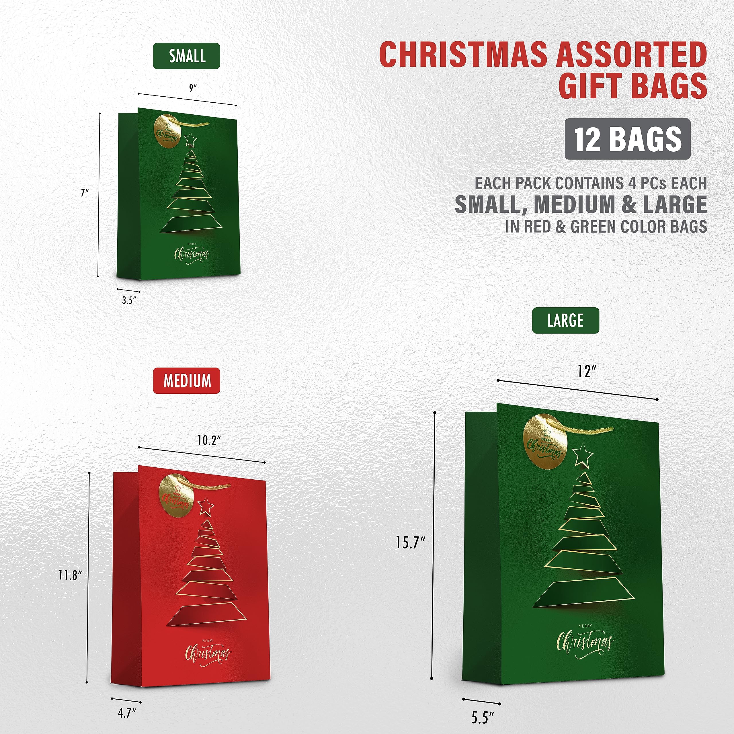 easykart labels 12 Christmas Gift Bags, Red & Green Metallic & Texture Finish with Golden & Spot Gloss Xmas Tree, Assorted Sizes With Handle (4 Extra Large 16", 4 Large 12", 4 Medium 9")