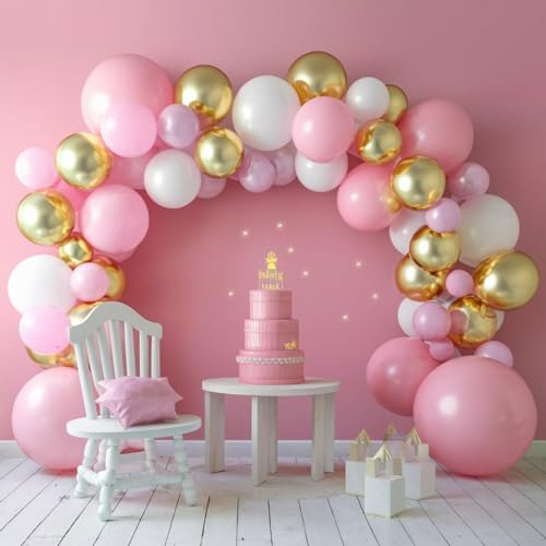 FunHot Pink and Gold Balloons, 60Pcs Retro Pink White Balloons, 12 Inch Metallic Gold Confetti Balloons Helium Light Pink Latex Party Balloons for Girls Baby Shower Birthday Princess Party Decorations