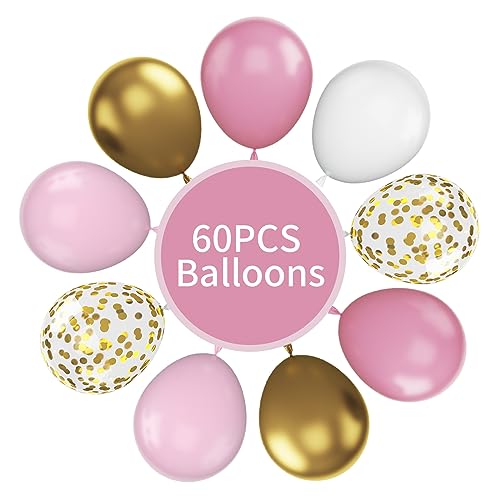 FunHot Pink and Gold Balloons, 60Pcs Retro Pink White Balloons, 12 Inch Metallic Gold Confetti Balloons Helium Light Pink Latex Party Balloons for Girls Baby Shower Birthday Princess Party Decorations