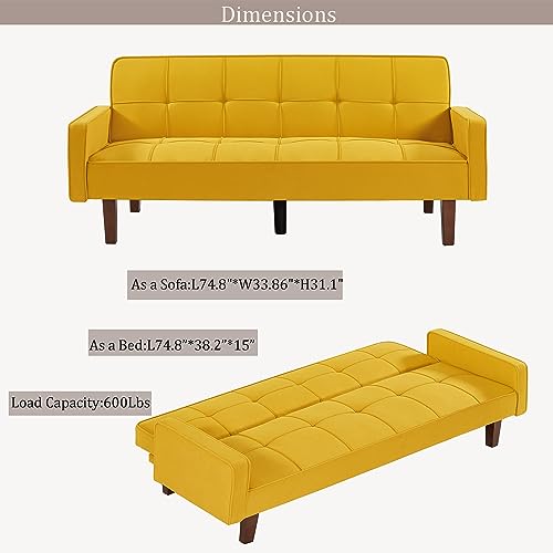 Anwickhomk 72" Convertible Folding Sofa Bed Futon,Modern Linen Fabric Sleeper Loveseat with 2 Pillows & Solid Wood Legs,Small Couch Bed Recliner Sofa for Living Room Apartment Office (Yellow-New)