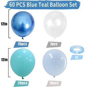 Teal Blue Balloons, 60 PCS Turquoise Blue Balloons with Transparent Balloon Metallic Blue Balloons, Pastel Baby Blue Balloons Pearl Teal Balloons for Ocean Shark Sea Mermaid Theme Party Decorations