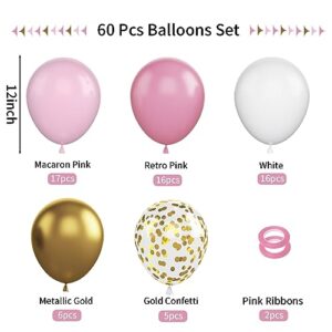 FunHot Pink and Gold Balloons, 60Pcs Retro Pink White Balloons, 12 Inch Metallic Gold Confetti Balloons Helium Light Pink Latex Party Balloons for Girls Baby Shower Birthday Princess Party Decorations