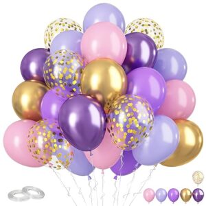 pink and purple balloons, 60pcs pastel purple pink balloons, 12 inch metallic purple gold confetti balloons purple latex balloons for girls birthday baby shower bridal butterfly party decorations