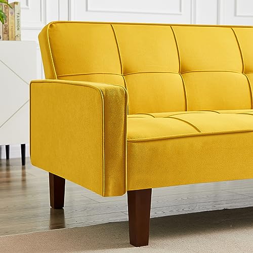 Anwickhomk 72" Convertible Folding Sofa Bed Futon,Modern Linen Fabric Sleeper Loveseat with 2 Pillows & Solid Wood Legs,Small Couch Bed Recliner Sofa for Living Room Apartment Office (Yellow-New)