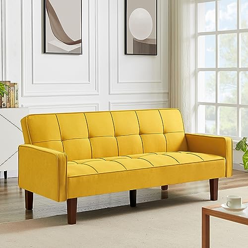 Anwickhomk 72" Convertible Folding Sofa Bed Futon,Modern Linen Fabric Sleeper Loveseat with 2 Pillows & Solid Wood Legs,Small Couch Bed Recliner Sofa for Living Room Apartment Office (Yellow-New)