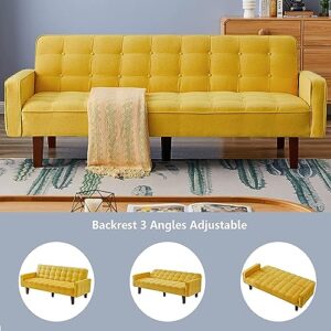 Anwickhomk 72" Convertible Folding Sofa Bed Futon,Modern Linen Fabric Sleeper Loveseat with 2 Pillows & Solid Wood Legs,Small Couch Bed Recliner Sofa for Living Room Apartment Office (Yellow-New)