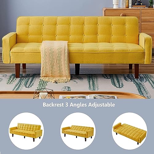 Anwickhomk 72" Convertible Folding Sofa Bed Futon,Modern Linen Fabric Sleeper Loveseat with 2 Pillows & Solid Wood Legs,Small Couch Bed Recliner Sofa for Living Room Apartment Office (Yellow-New)