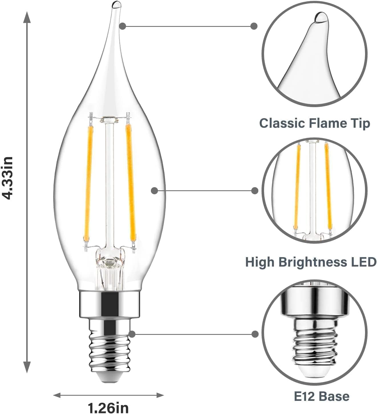 Sigalux E12 LED Bulb Candelabra Base 60 watt LED Chandelier Light Bulbs Dimmable, Flame Tip Candelabra LED Bulbs, 4.5W, 500LM 5000K Daylight, CA10 Candle Light Bulbs, 6 Packs