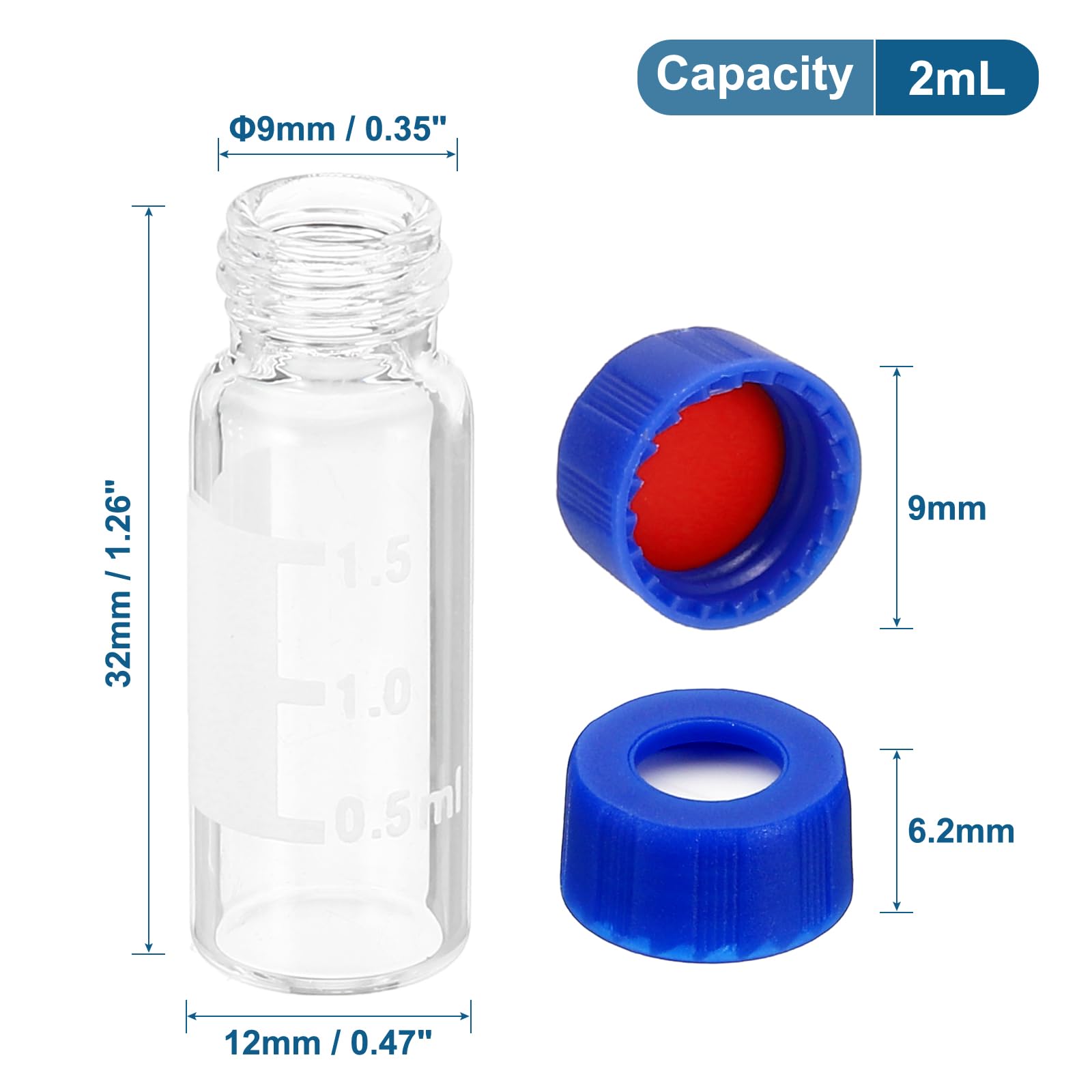 PATIKIL 2ml Autosampler Vial, 100 Pack HPLC/GC Vials 9-425 Lab Clear Vials Sample Vial Screw Cap Writing Patch Red PTFE & White Silicone Septa for LC Stamper