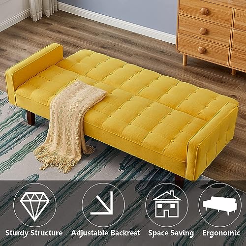 Anwickhomk 72" Convertible Folding Sofa Bed Futon,Modern Linen Fabric Sleeper Loveseat with 2 Pillows & Solid Wood Legs,Small Couch Bed Recliner Sofa for Living Room Apartment Office (Yellow-New)