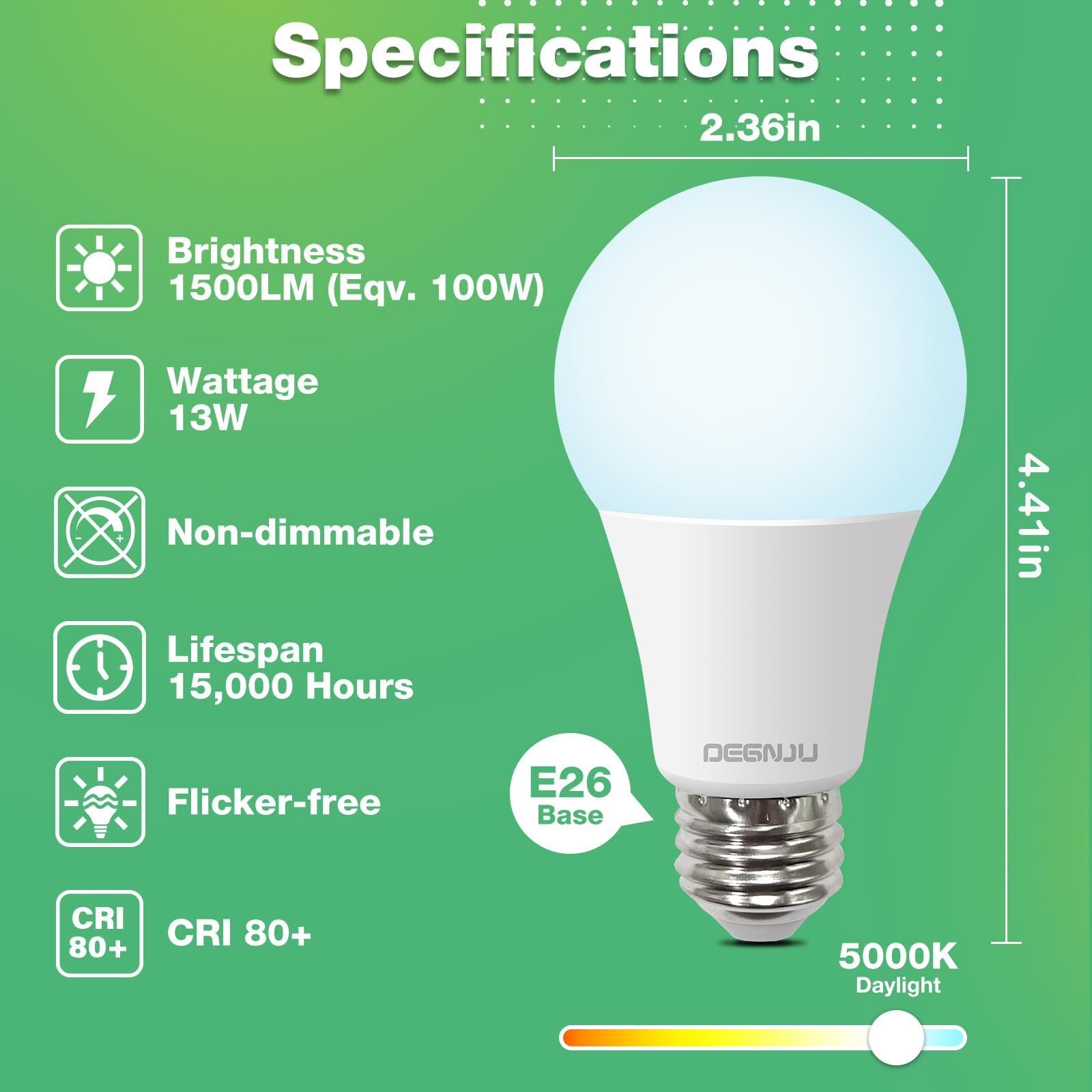 DEGNJU LED Light Bulbs, 100 Watt Equivalent LED Bulbs A19, 5000K Daylight Light Bulbs, 1500 Lumens, E26 Standard Base, Non-Dimmable, 13W Bright White LED Bulbs for Bedroom Home Office, 12 Pack