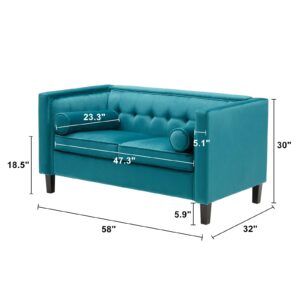 WILLOVE 58" Mid-Century Modern Velvet Sofa, 2 Seater Couch with Comfy Deep Seats, Small Loveseat Couch for Living Room Furniture with Two Throw Pillows, Easy to Install (Teal)