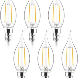 Sigalux E12 LED Bulb Candelabra Base 60 watt LED Chandelier Light Bulbs Dimmable, Flame Tip Candelabra LED Bulbs, 4.5W, 500LM 5000K Daylight, CA10 Candle Light Bulbs, 6 Packs