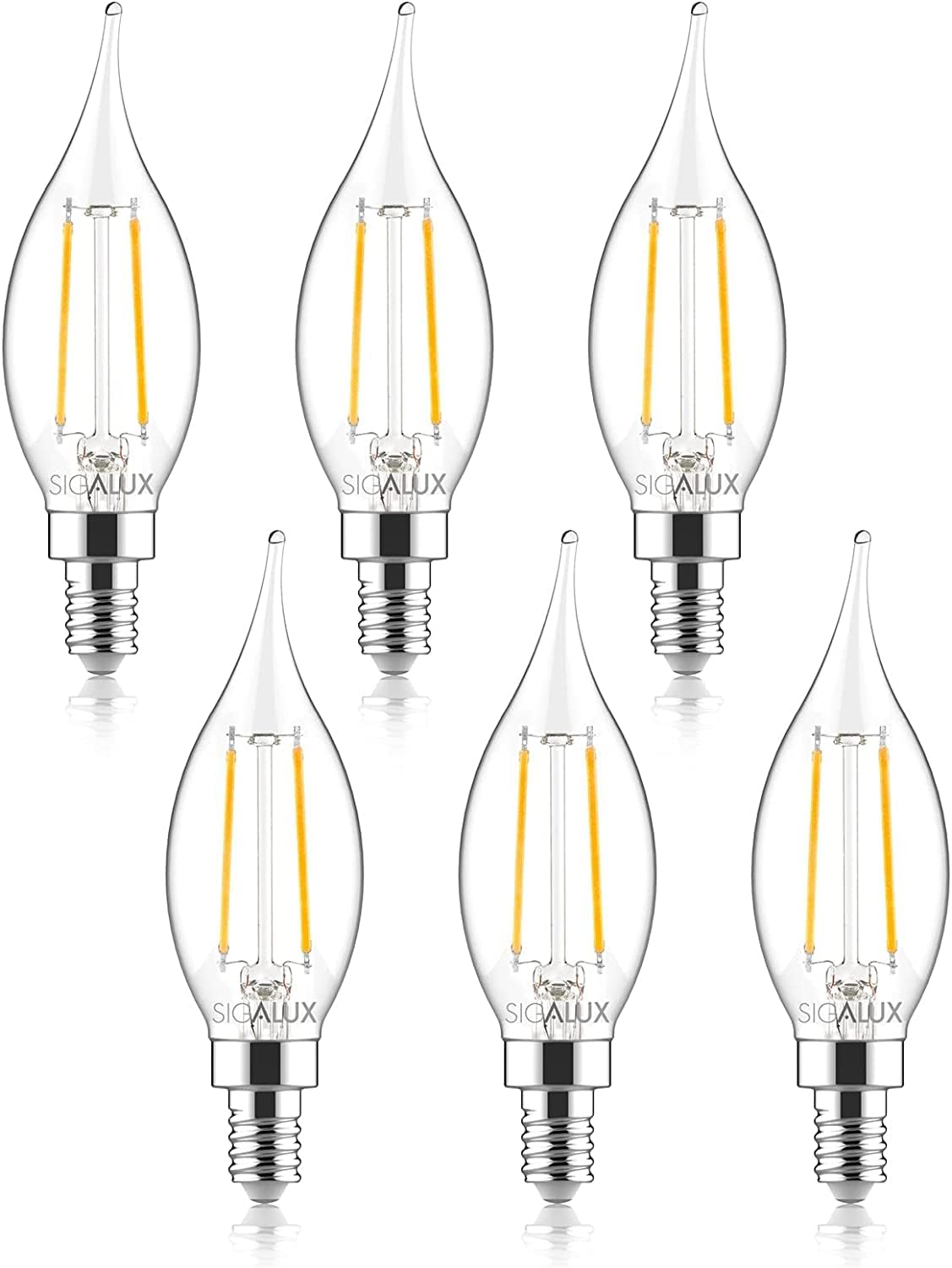 Sigalux E12 LED Bulb Candelabra Base 60 watt LED Chandelier Light Bulbs Dimmable, Flame Tip Candelabra LED Bulbs, 4.5W, 500LM 5000K Daylight, CA10 Candle Light Bulbs, 6 Packs