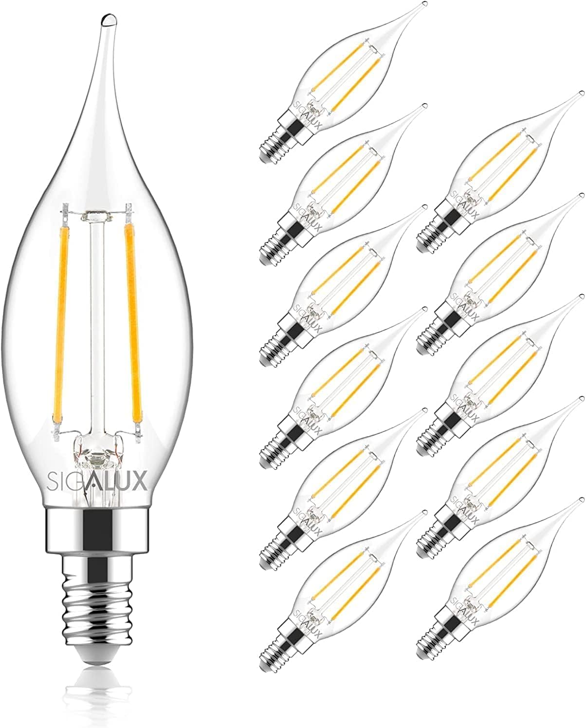 Sigalux E12 LED Bulb Candelabra Base 60 watt LED Chandelier Light Bulbs Dimmable, Flame Tip Candelabra LED Bulbs, 4.5W, 500LM 5000K Daylight, CA10 Candle Light Bulbs, 12 Packs