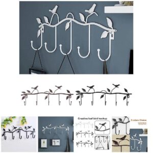 Bylesary Retro Iron Hook Rustic Metal Wall Hooks Leaf Bird Shape Decor Hook, 5 Hook Storage Rack Hooks Behind Door, Multi-Purpose Wall Organizer Hook Behind-Door Key Cloth Hanger Hook