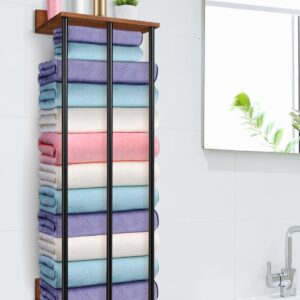 WeGXY Towel Racks for Bathroom Wall Mounted, 3 Bar Wall Towel Rack for Rolled Towels, Metal Towel Holder with Wooden Shelf, Sturdy and Large Capacity, Towel Storage Organizer