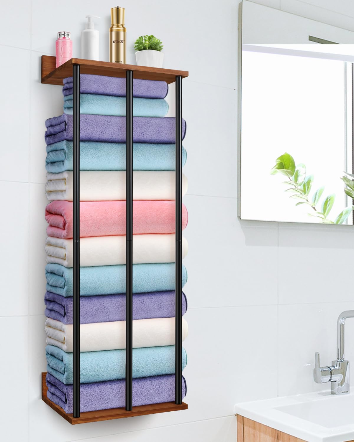 WeGXY Towel Racks for Bathroom Wall Mounted, 3 Bar Wall Towel Rack for Rolled Towels, Metal Towel Holder with Wooden Shelf, Sturdy and Large Capacity, Towel Storage Organizer