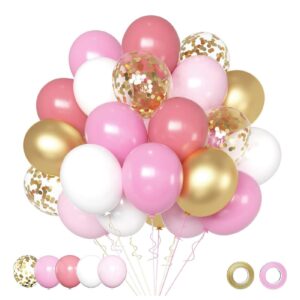 pink and gold confetti balloons set, 50pcs 12 inch light pink baby pink white gold party balloons with ribbons for girl birthday wedding baby shower bridal shower graduation party decoration