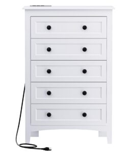 haioou 5 drawer dresser for bedroom, large storage chest of drawers vertical wooden dresser organizer with power outlets, hidden drawer compartment for living room, entryway - modern white