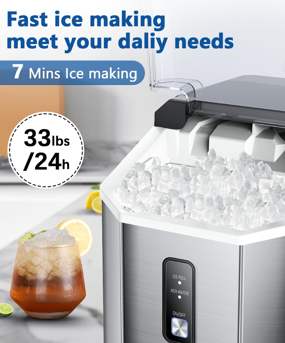 Joy Pebble Nugget Stainless Steel Ice Maker, 10,000pcs/33lbs/Day, Portable Handheld Nugget Ice Maker Machine with Handle, Ice Makers Countertop Self-Cleaning, Ice Scoop and Basket, Silver