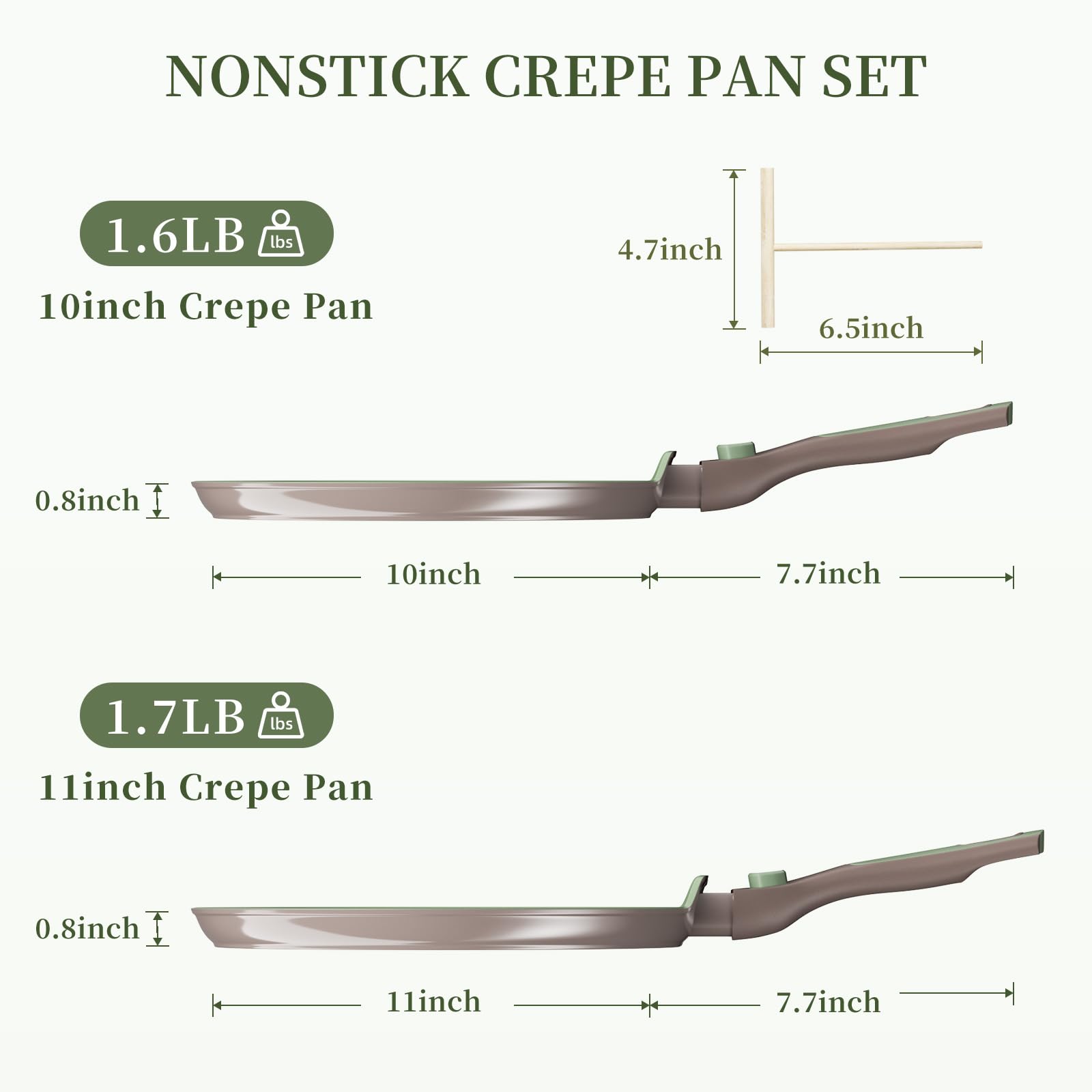 Innerwell Nonstick Crepe Pan with Spreader 10&11Inch Crepe Pan Set W/Detachable Handle Flat Skillet Tawa Dosa Tortilla Pan PFOA-Free Compatible with All Stovetops Green