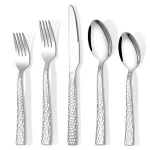 20-piece hammered silverware set, food-grade stainless steel flatware set for 4, cutlery set, home kitchen utensil set, include knifes forks and spoons silverware set, mirror finish, dishwasher safe