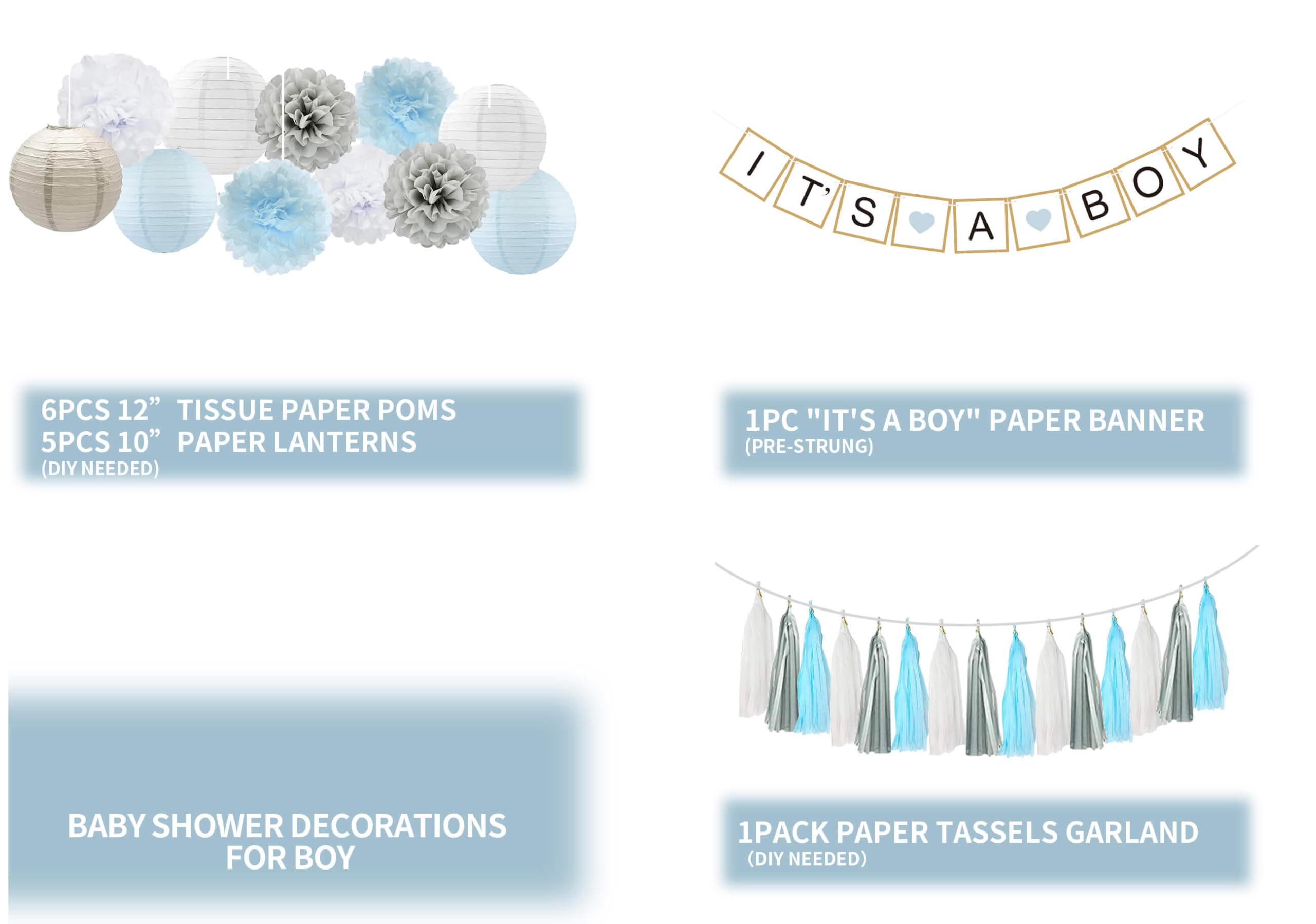 Baby Shower Decorations Boy (Blue, White, Grey)- It's A Boy Banner, Tissue Paper Poms, Paper Lanterns and Tassels Garland- Baby Boy Gender Reveal Birthday Party Decorations