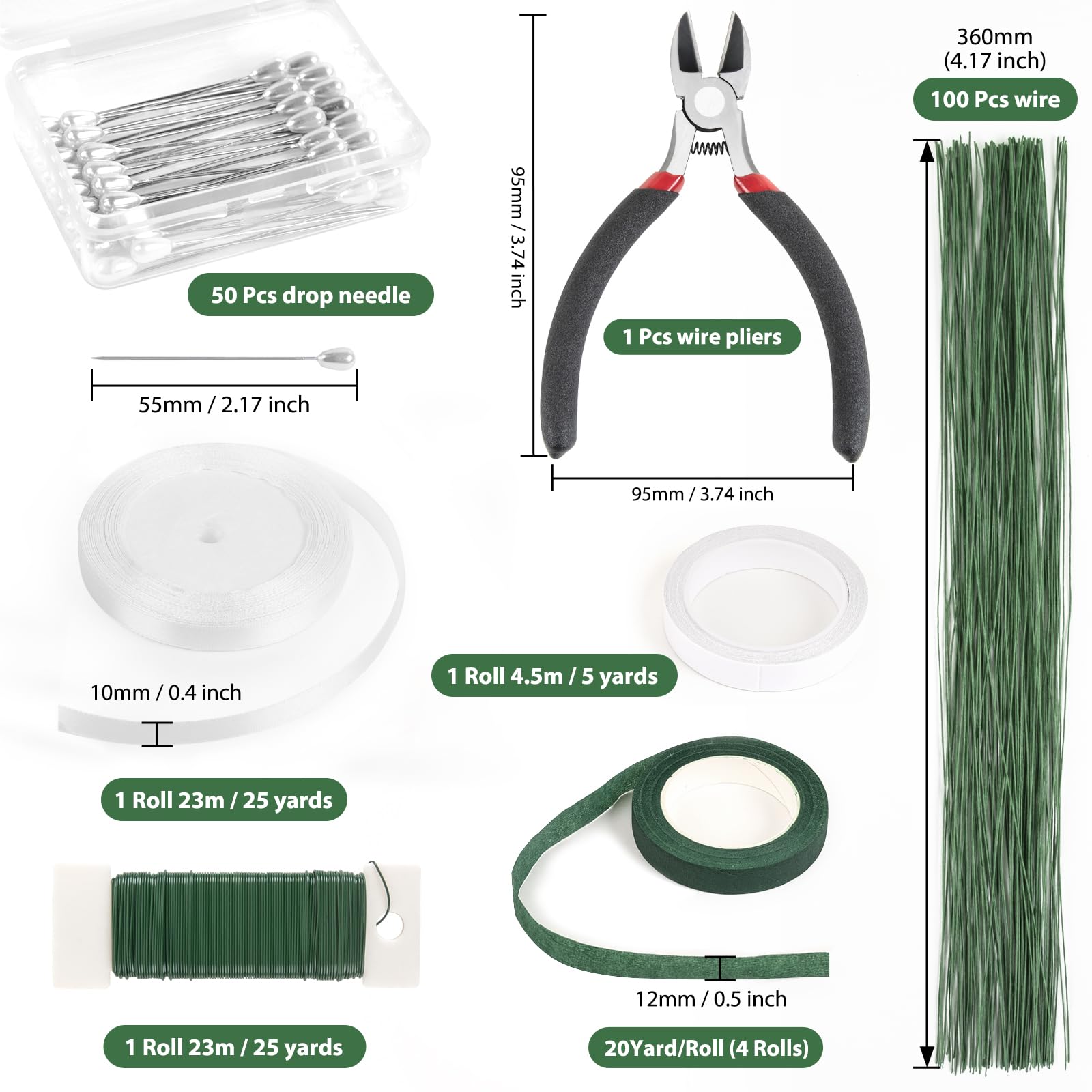 NESCCI Floral Arrangement Kit with Green Floral Tape and Wire,26 Gauge Floral Stem Wire,22 Gauge Floral Wire,Boutonniere Pin for Bouquet Stem Wrap Florist.