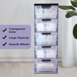 PIAOCAIYIN 5 Drawer Storage Organizer, Plastic Drawers Stackable, Vertical Storage Tower, Plastic Storage Dresser, Storage Cabinet Drawers Organizer for Clothes Toys, Large Capacity -Transparent