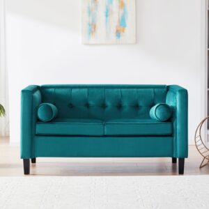 WILLOVE 58" Mid-Century Modern Velvet Sofa, 2 Seater Couch with Comfy Deep Seats, Small Loveseat Couch for Living Room Furniture with Two Throw Pillows, Easy to Install (Teal)