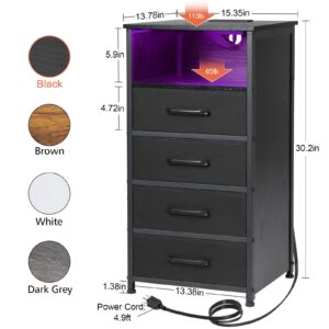 LOAKEKEL Night Stand, Tall Nightstand Set of 2 with Charging Station, Black Dresser for Bedroom with 4 Drawers, LED End Tables with USB Ports and Outlets, Bedside Table with Storage Bins, HNS034BK