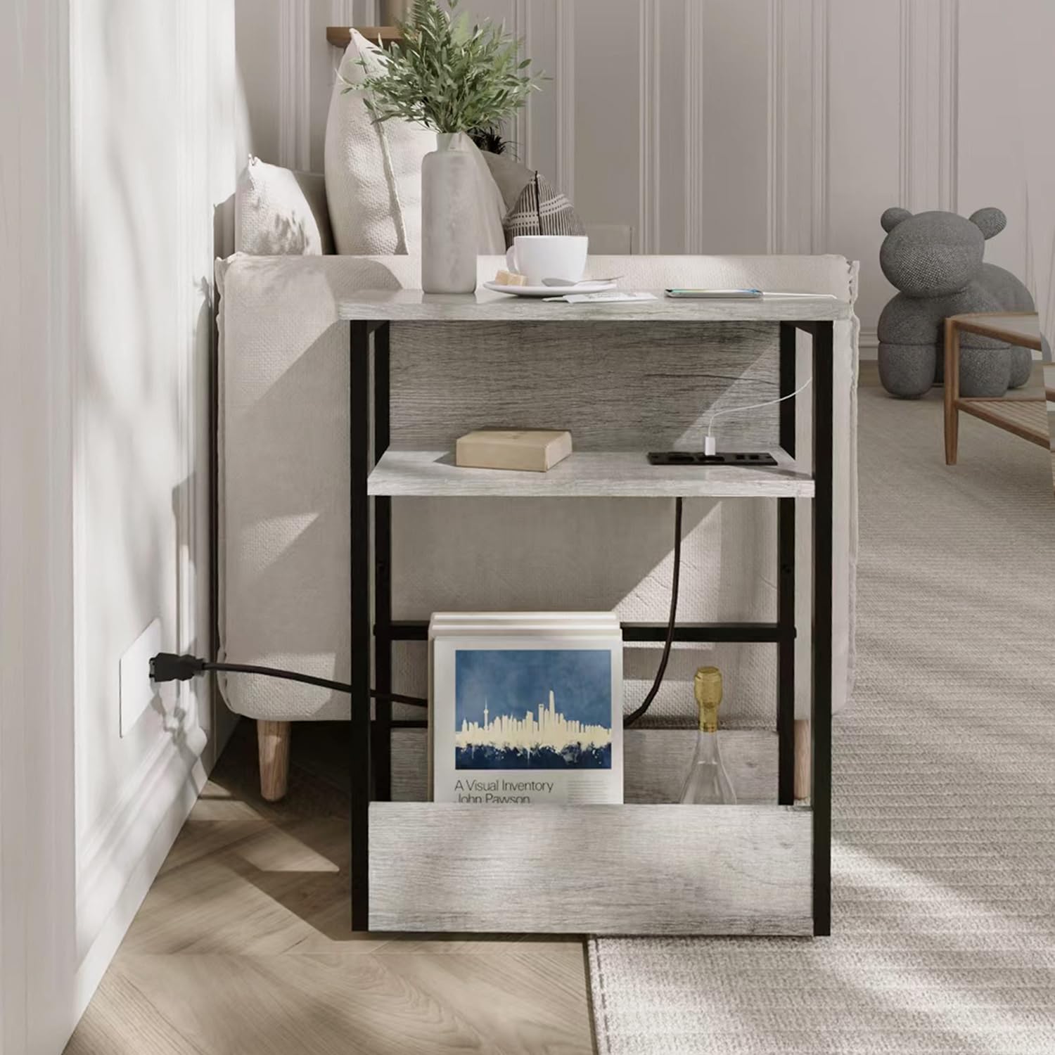 GGWEW Narrow End Table with Charging Station, 3 Tier Slim Side Table for Small Spaces, 23.6 Inch Height Thin Tables with Storage Shelf and Magazine Rack for Living Room, Griege